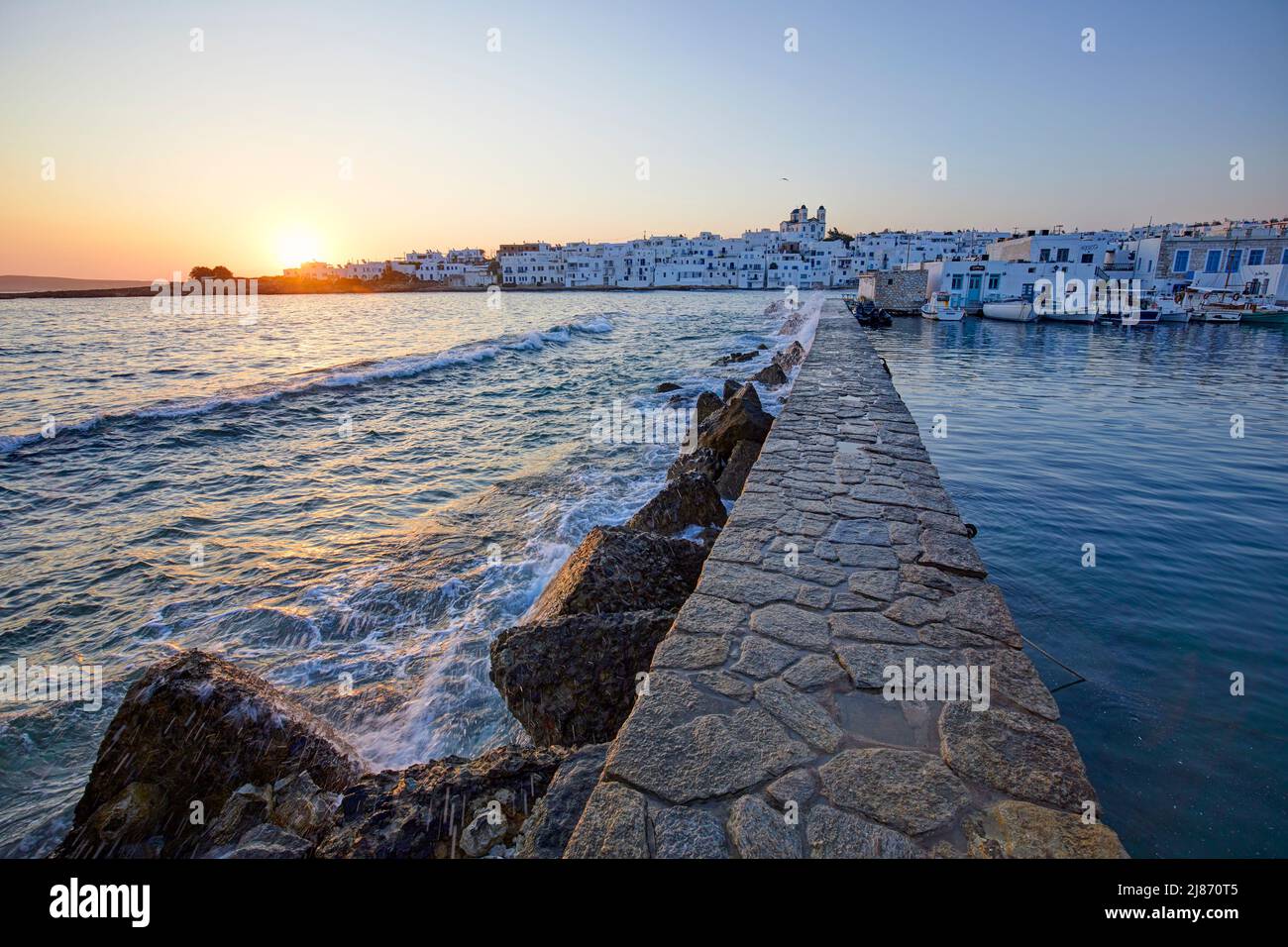 The wharf of the Naousa village in Paros, Cyclades, Greece Stock Photo ...