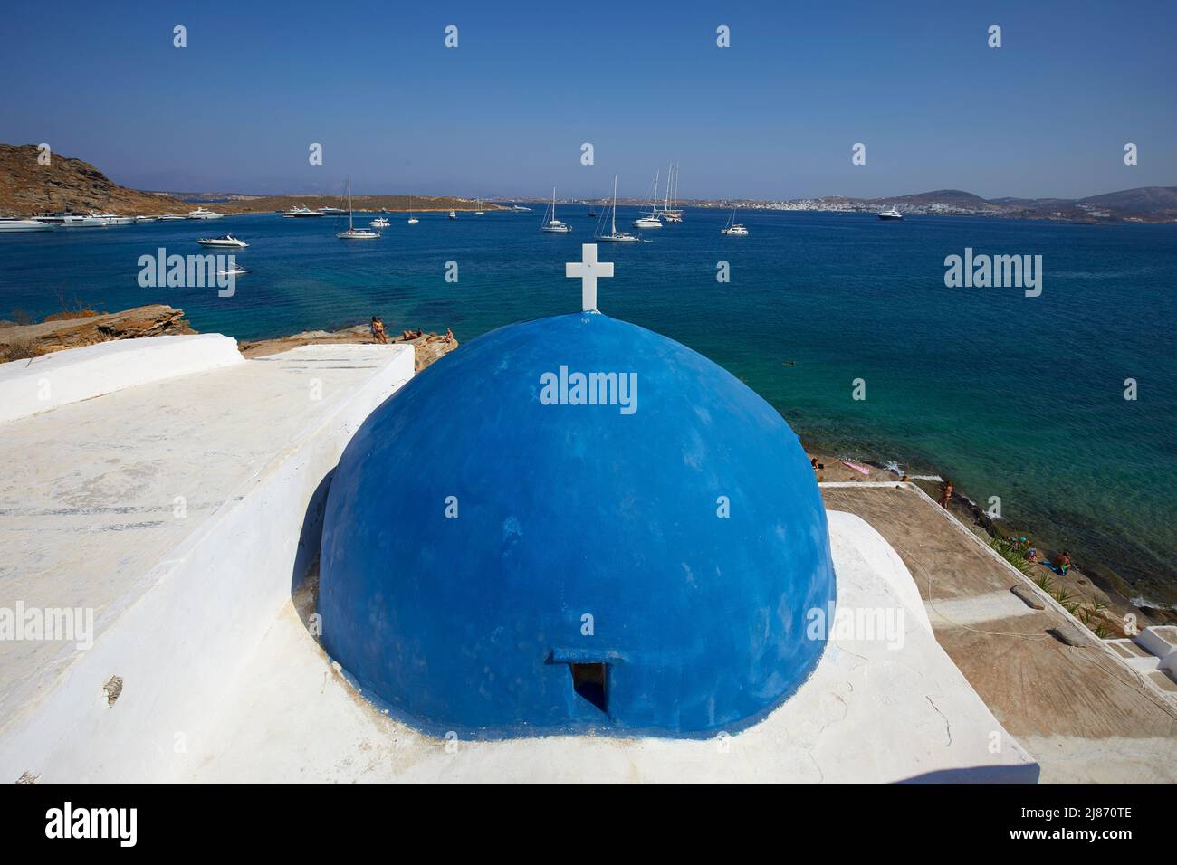 Traditional blue dome of the monastery of St. John's of Deti, Paros ...