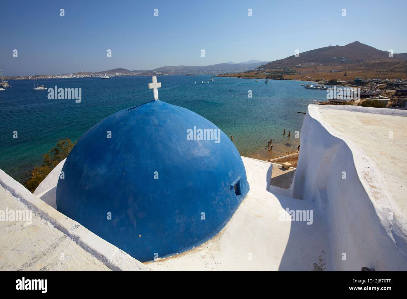 Traditional blue dome of the monastery of St. John's of Deti, Paros ...