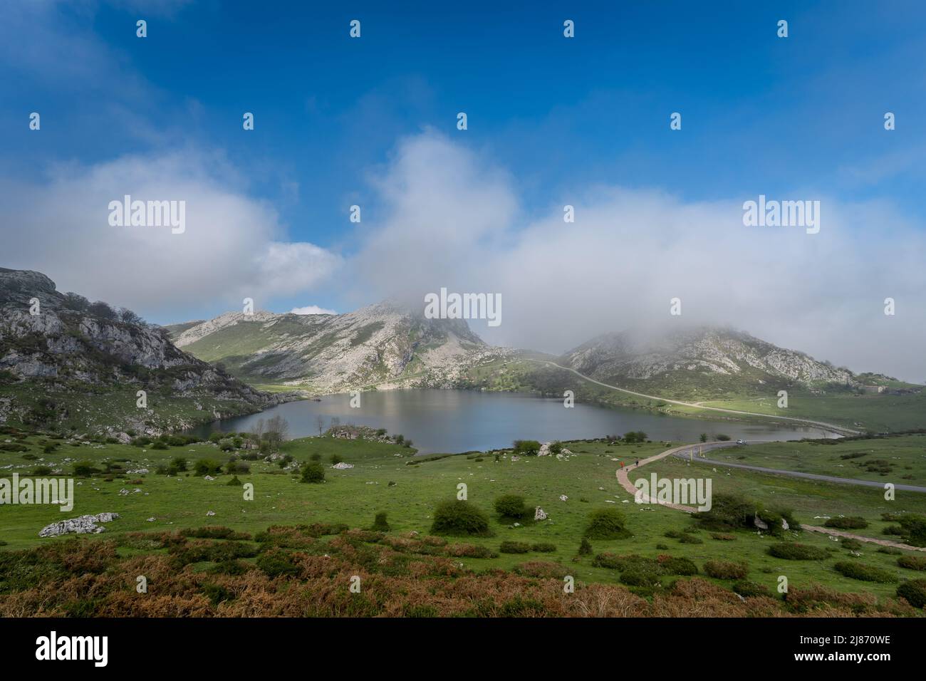 Panoramic view of Enol lake in Covadonga. Picos de Europa National park ...