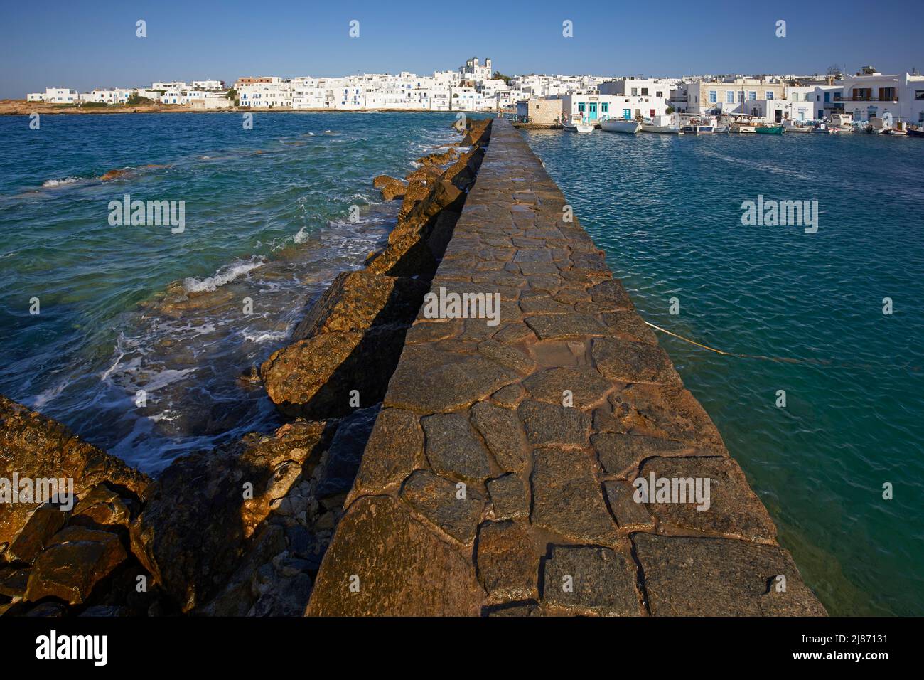 The wharf of the Naousa village in Paros, Cyclades, Greece Stock Photo ...