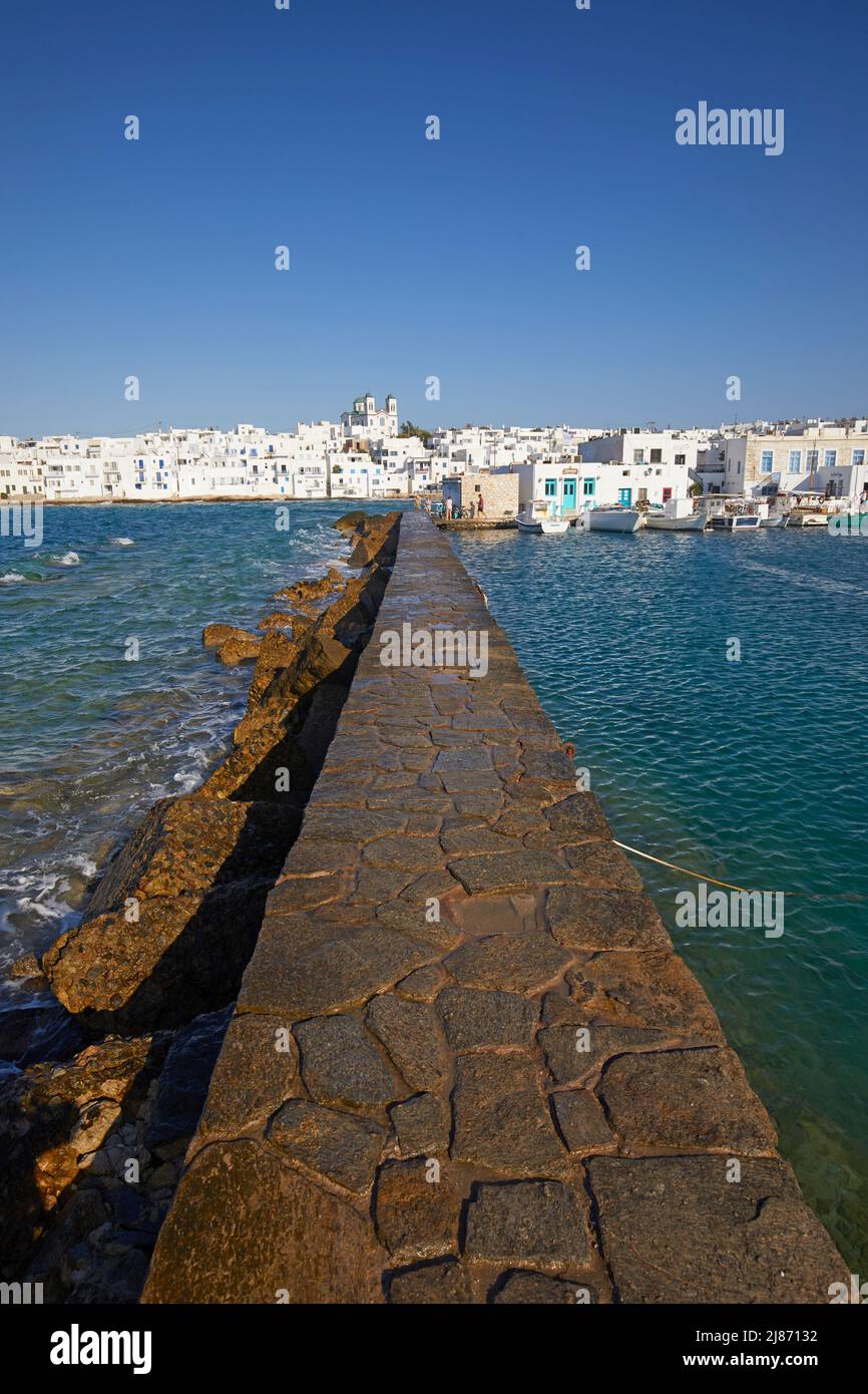 The wharf of the Naousa village in Paros, Cyclades, Greece Stock Photo ...