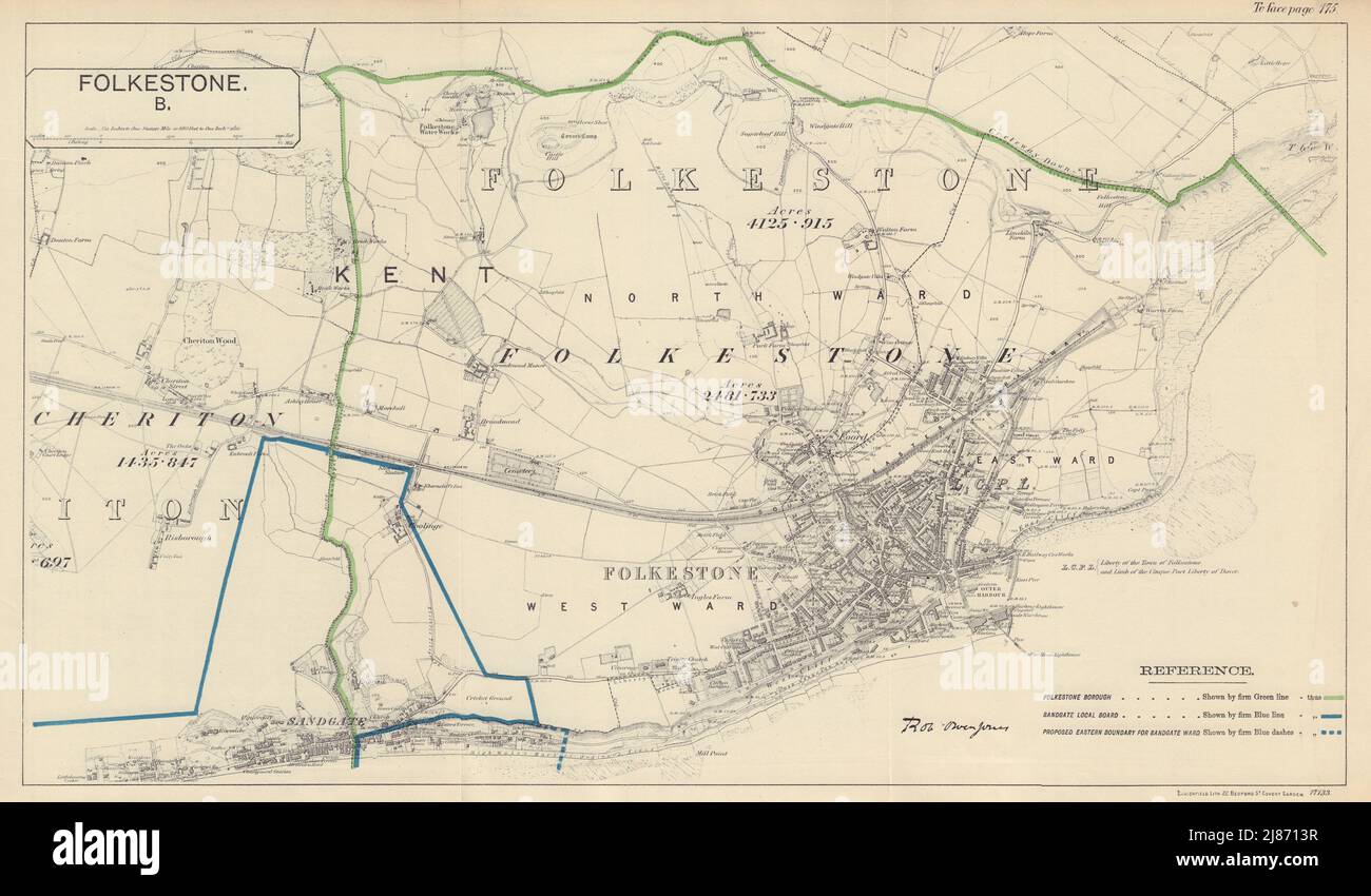 Folkestone, Kent. JONES. BOUNDARY COMMISSION 1888 old antique map plan ...