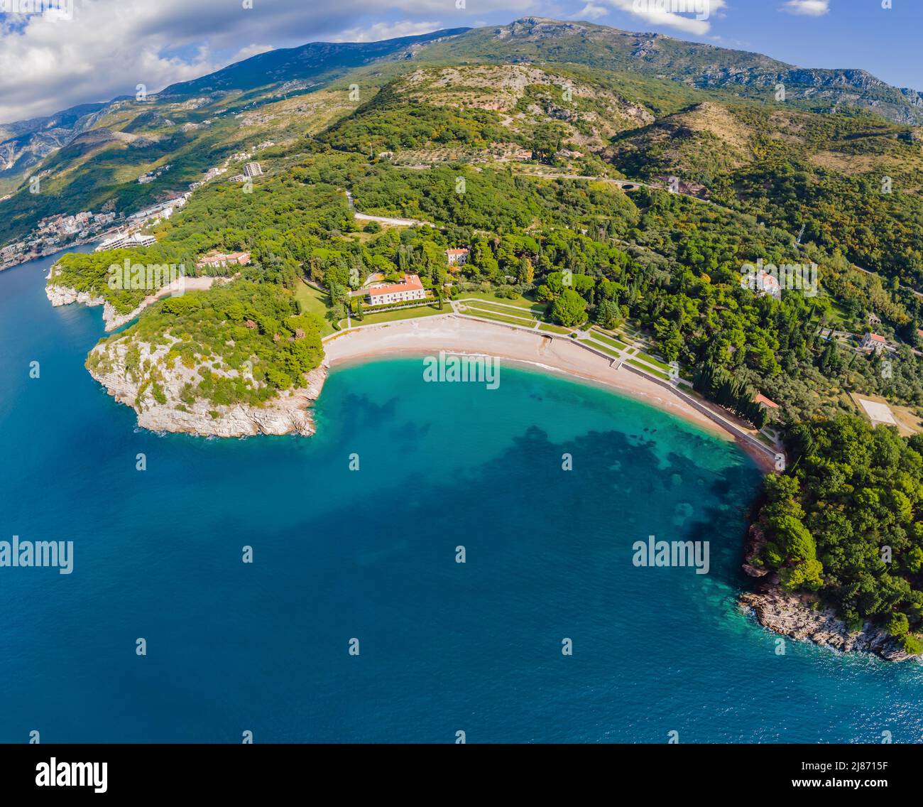 Queen's Beach in Milocer, Montenegro. Aerial view of sea waves and ...