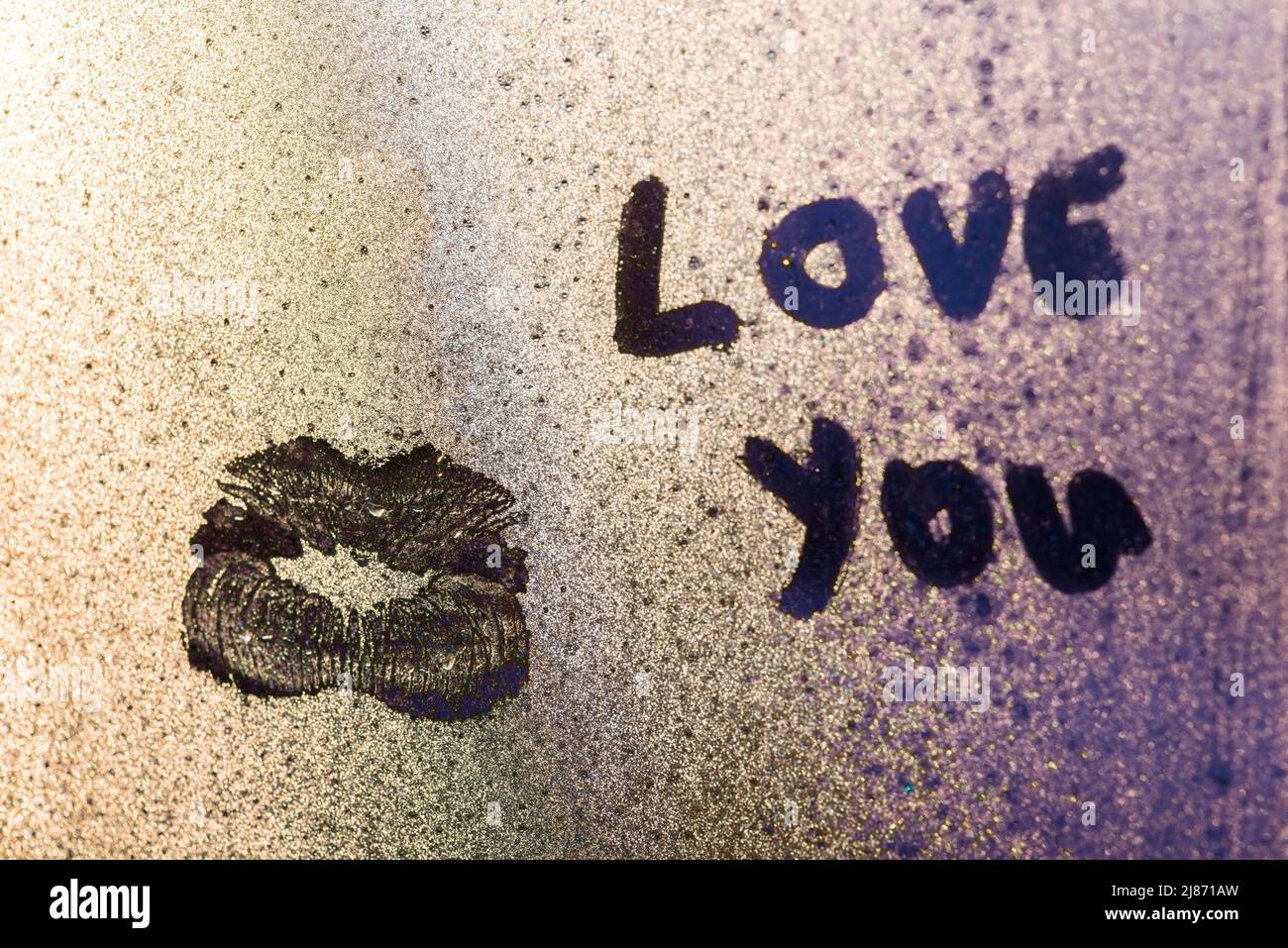 The sweaty glass background with a lips kiss with words love you Stock ...