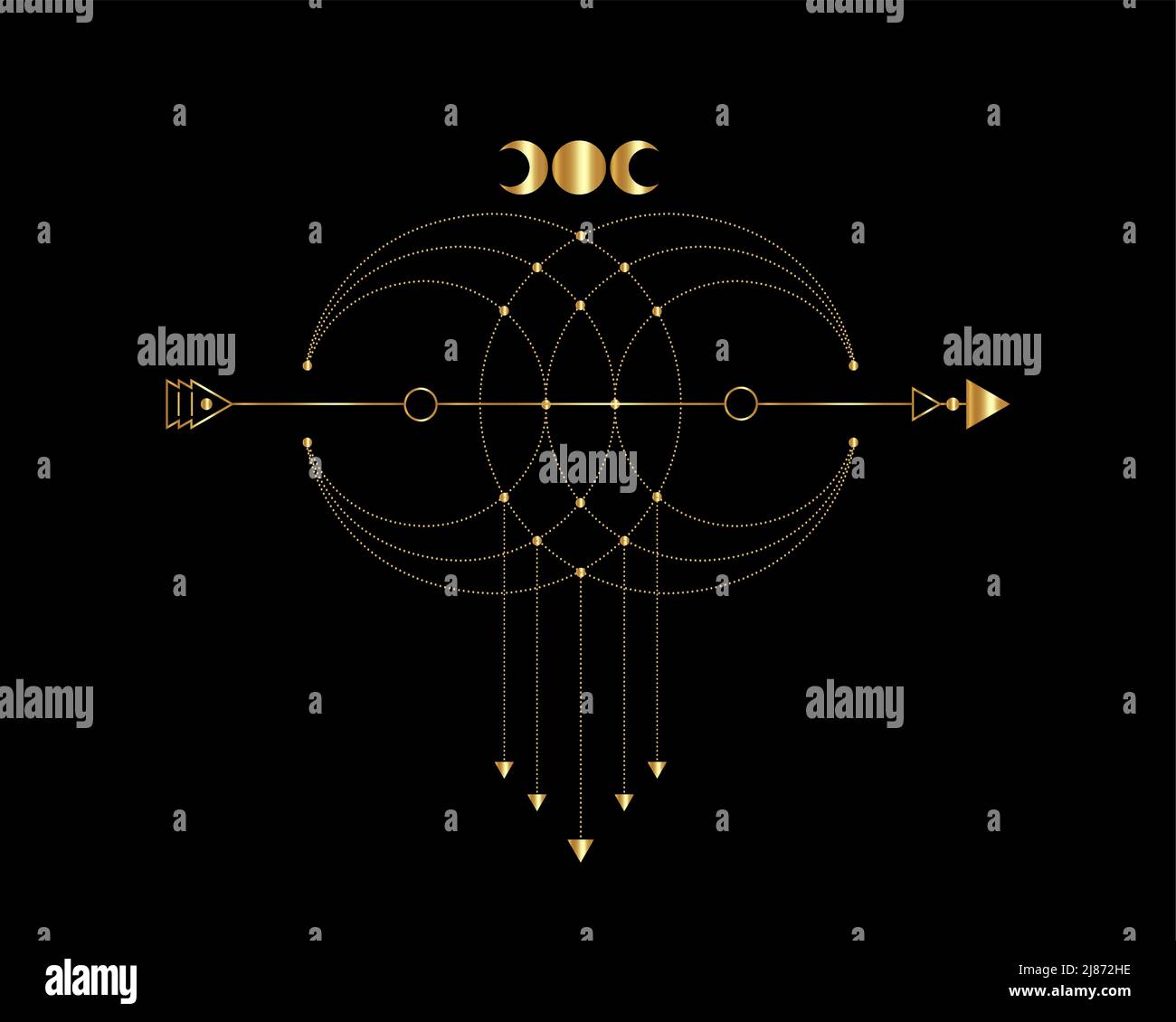 Sacred Geometry, mystical arrow and crescent moon, gold dotted lines in ...