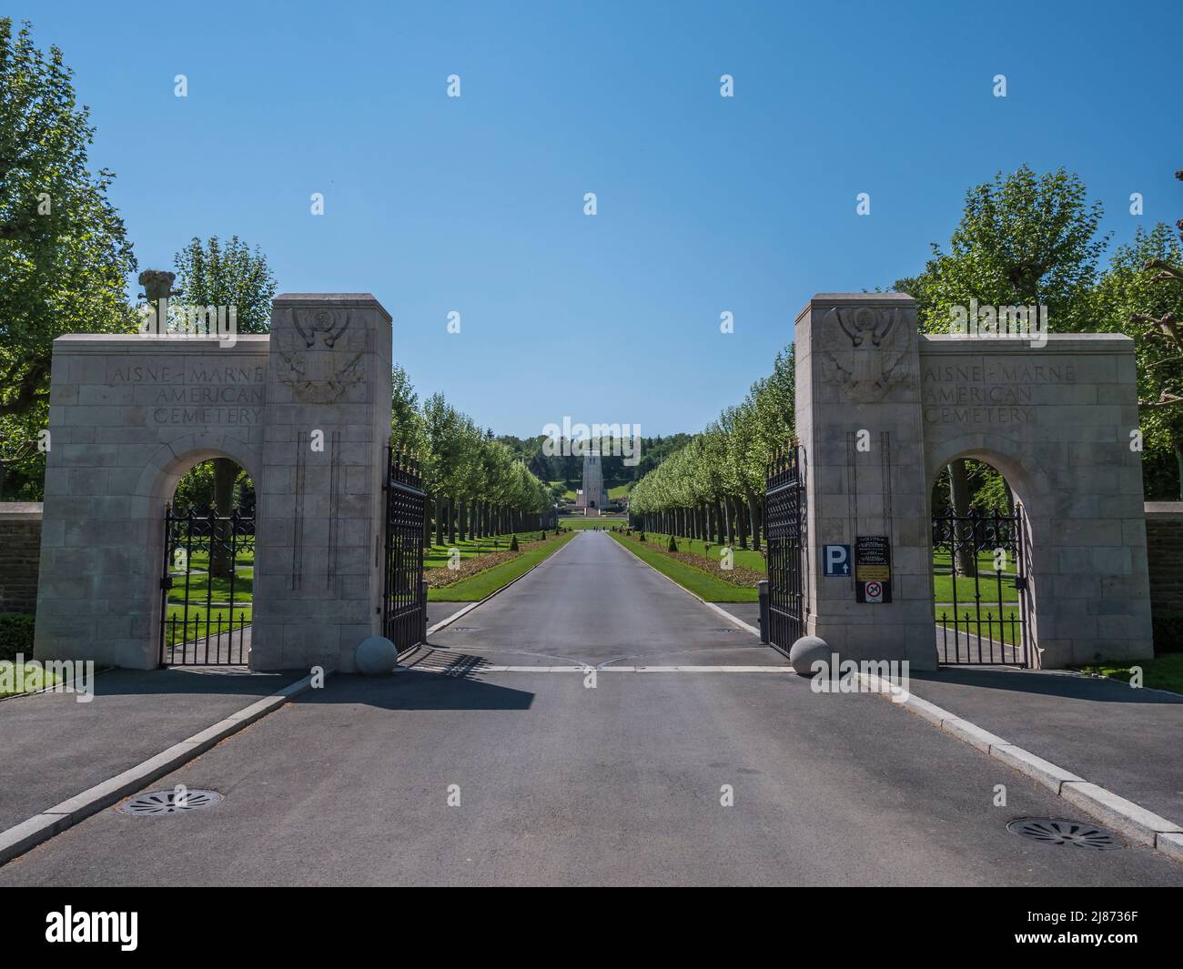 The image is of the WWI American Army Cemetery looking along the ...