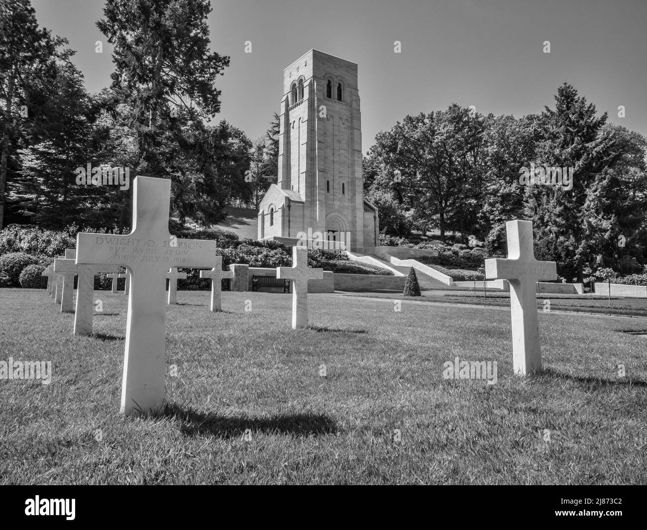 The image is of the WWI American Army Cemetery looking towards the ...