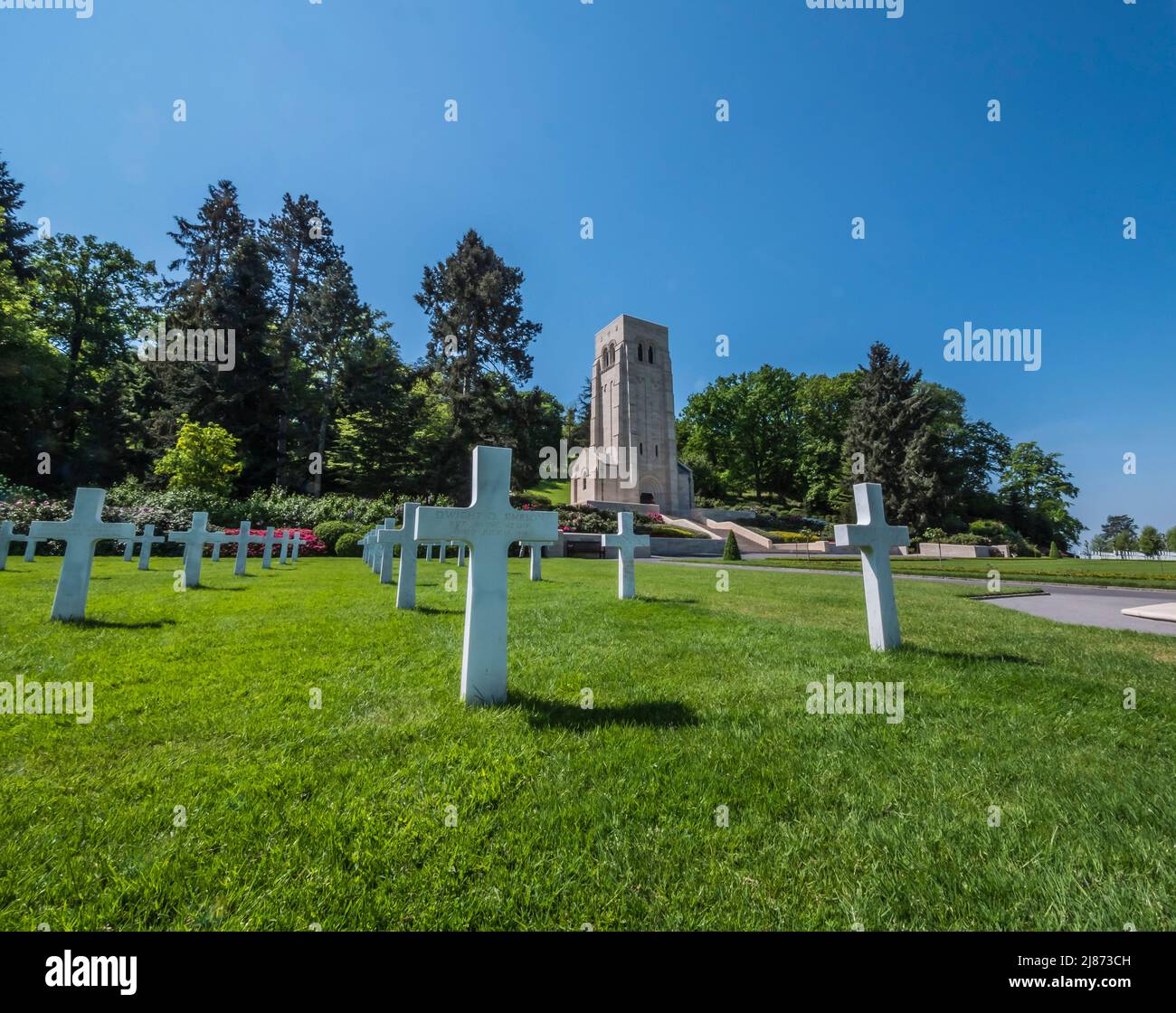 The image is of the WWI American Army Cemetery looking towards the ...