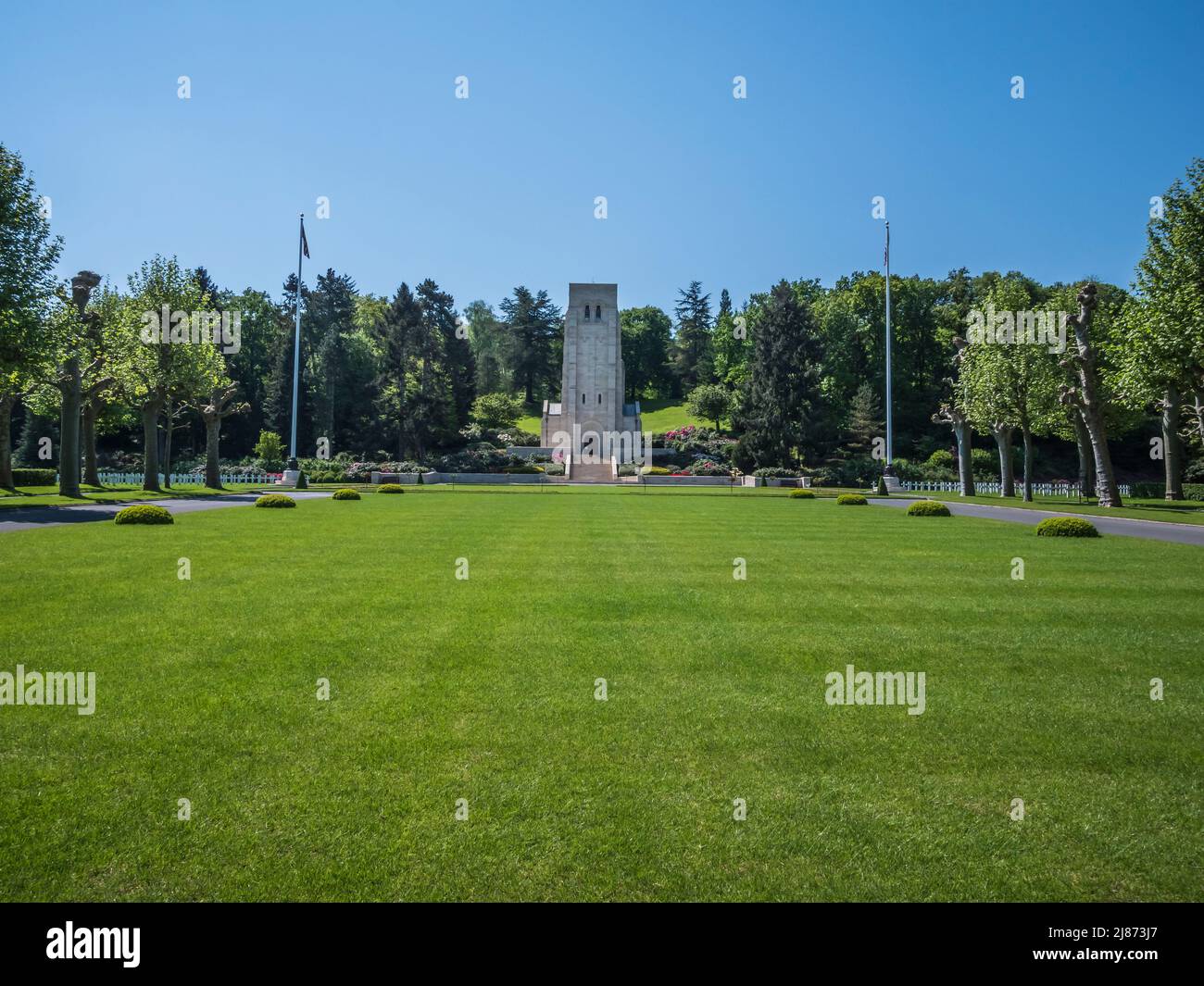 The image is of the WWI American Army Cemetery looking towards the ...