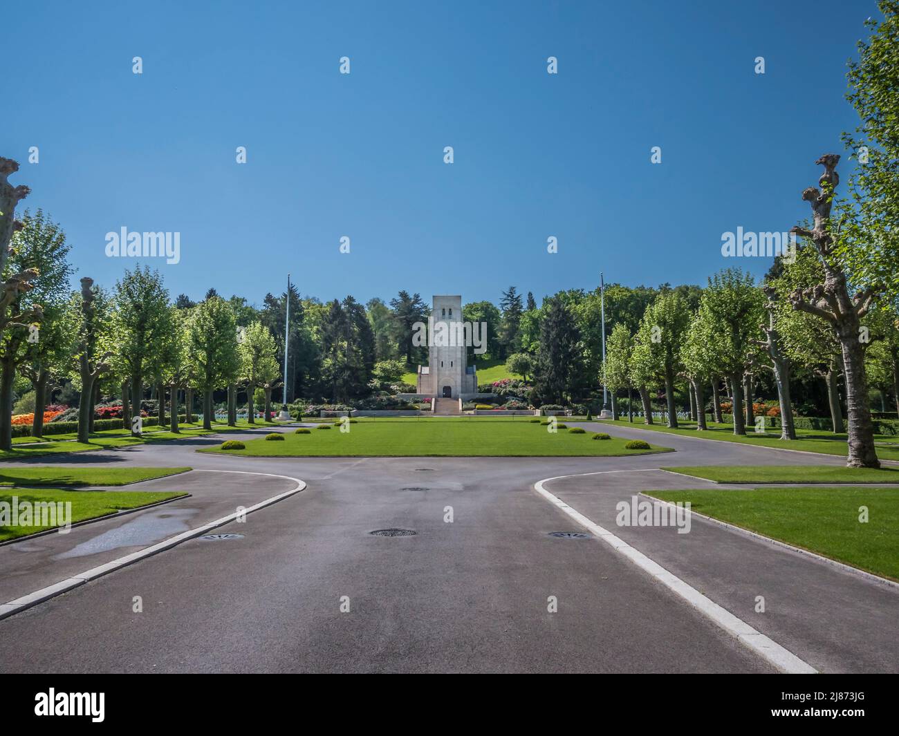 The image is of the WWI American Army Cemetery looking along the ...
