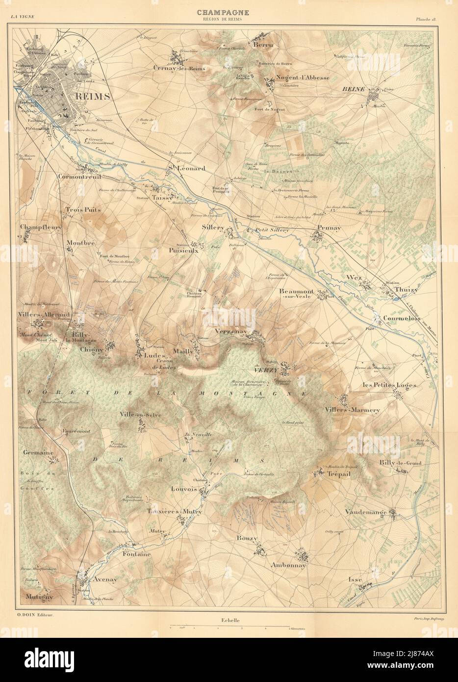 Champagne wine map - Région de Reims. HAUSERMANN 1901 old antique chart ...