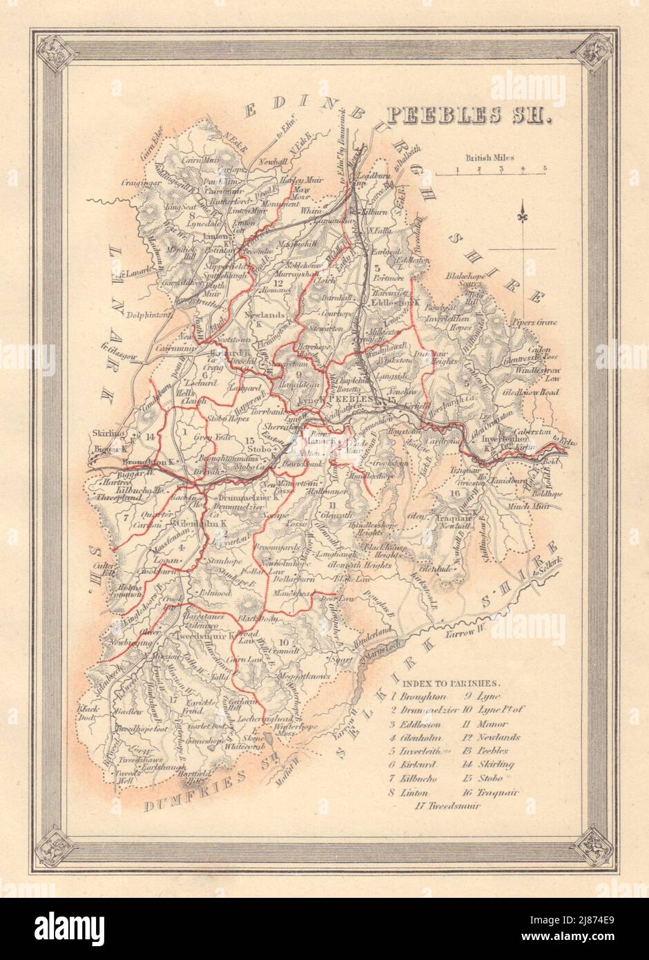 Decorative antique county map of Peeblesshire, Scotland. FULLARTON 1866 ...