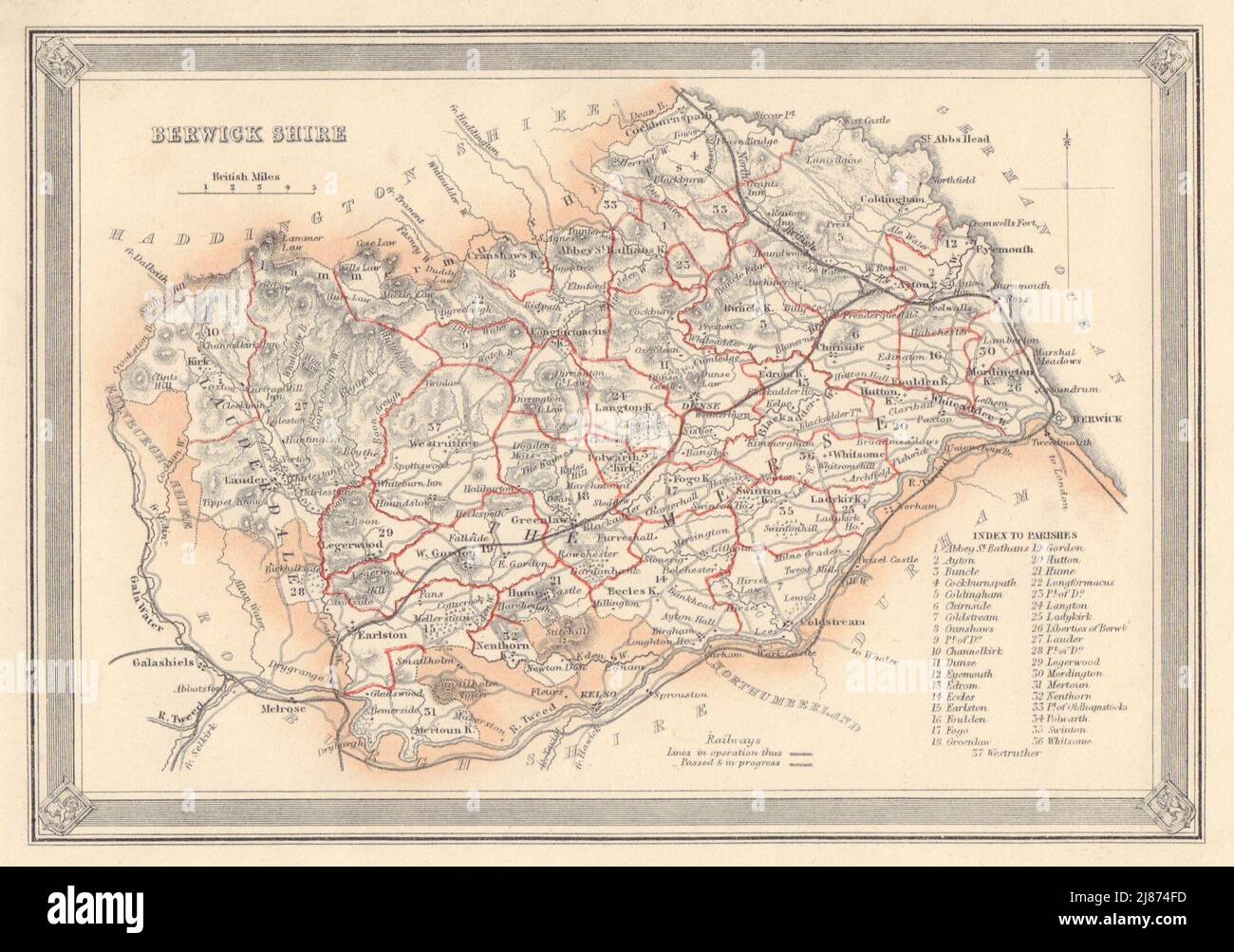 Decorative antique county map of Berwickshire, Scotland. FULLARTON 1866 ...