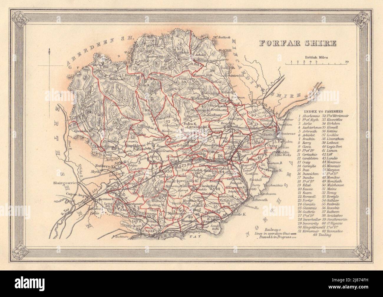 Decorative antique county map of Forfarshire, Scotland. FULLARTON 1866 ...