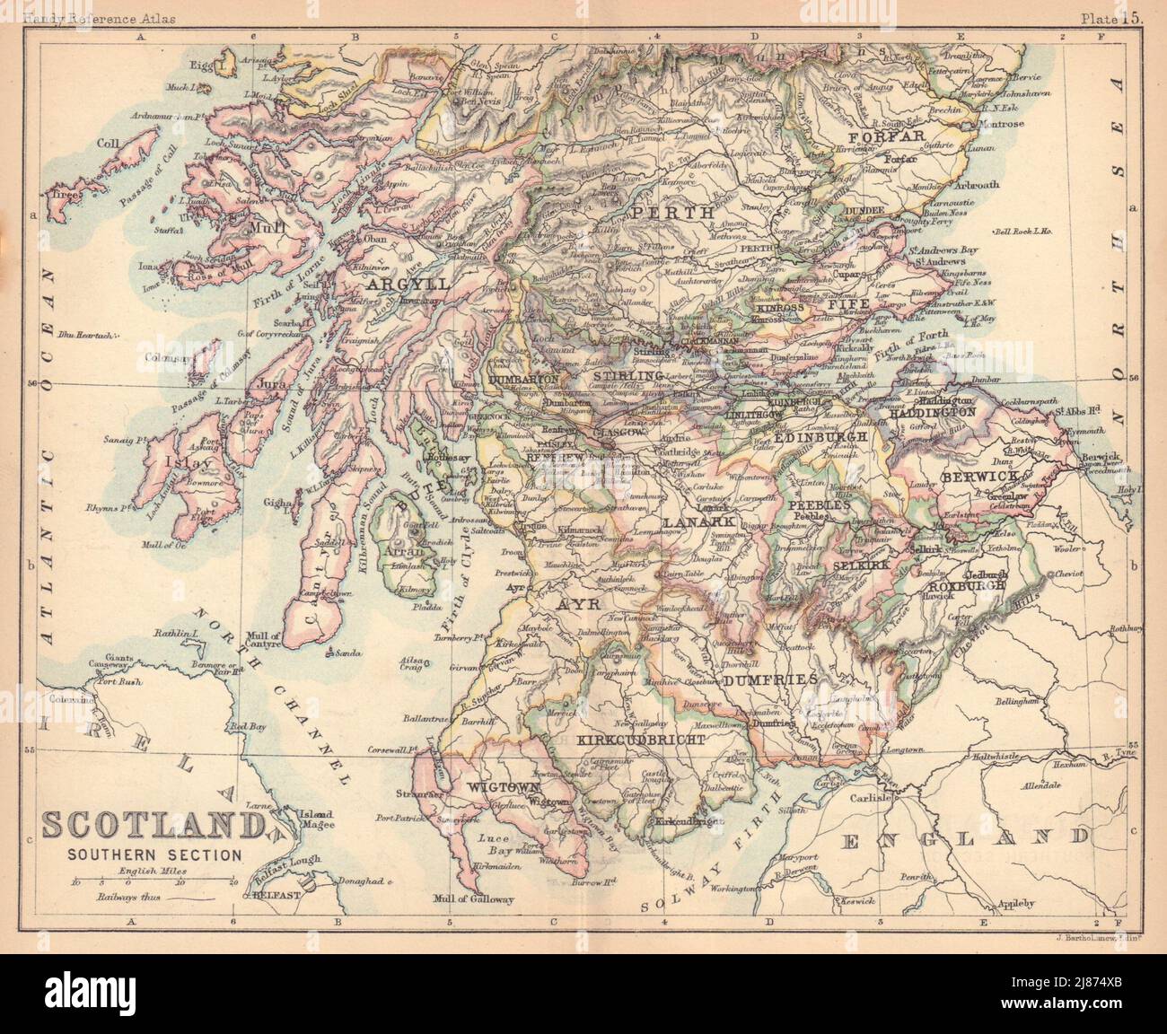 Southern Scotland. BARTHOLOMEW 1888 old antique vintage map plan chart ...