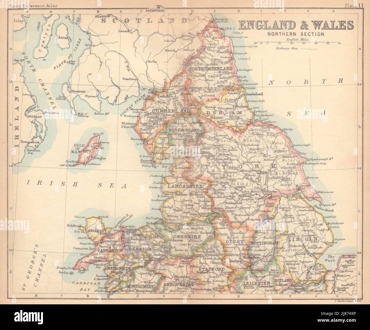 Northern England & Wales. BARTHOLOMEW 1888 old antique vintage map plan ...
