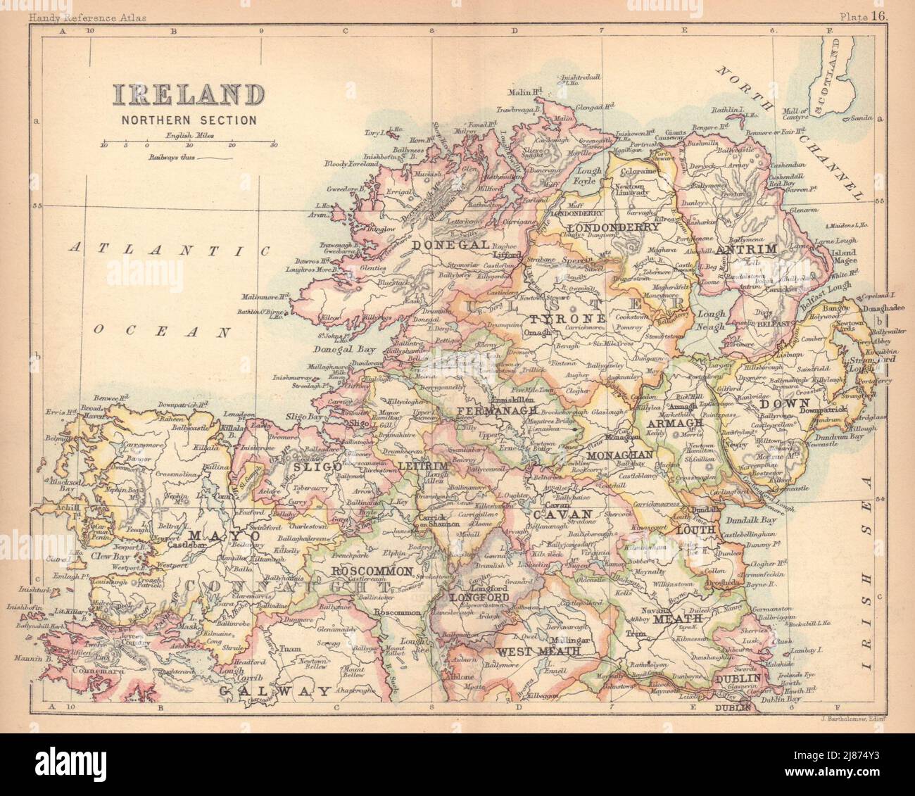 Ireland, Northern Section. Ulster. BARTHOLOMEW 1888 old antique map ...