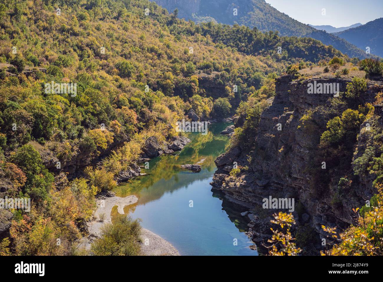 Montenegro, Clean clear turquoise water of river Moraca in green moraca ...
