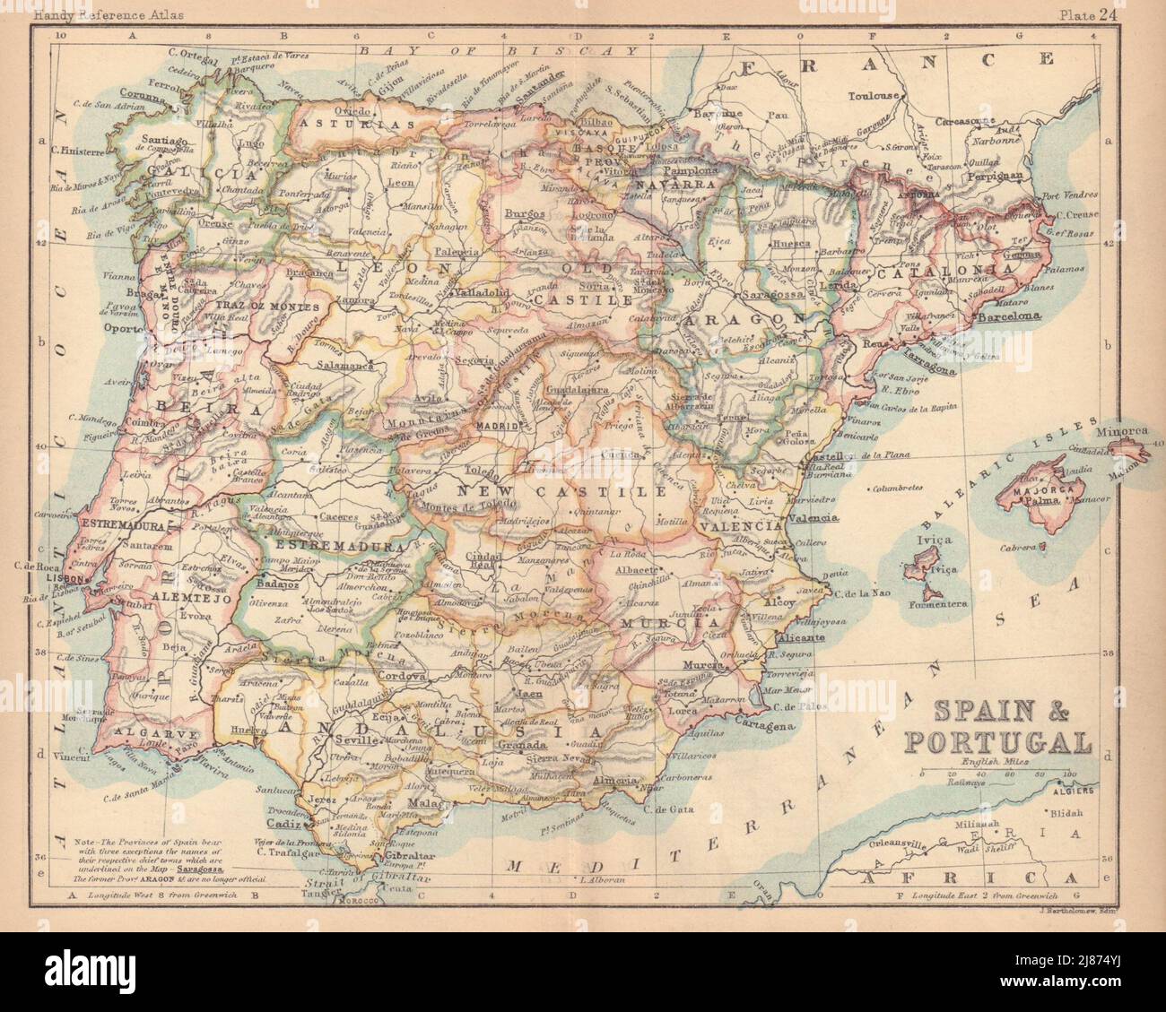 Spain & Portugal. Iberia. BARTHOLOMEW 1888 old antique vintage map plan ...