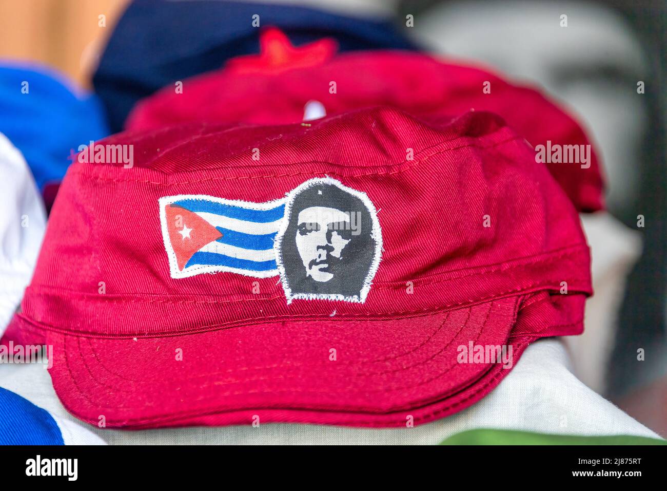 Handmade baseball caps with the image of Che Guevara in the front. The ...
