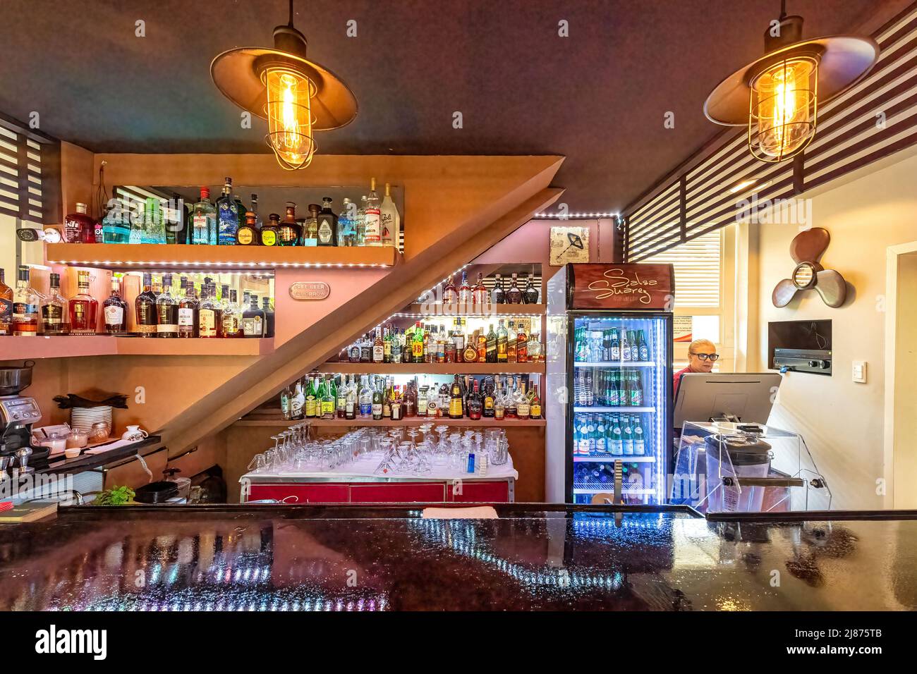 Diversity of drinks in the bar. Indoors at the Salsa Suarez private ...