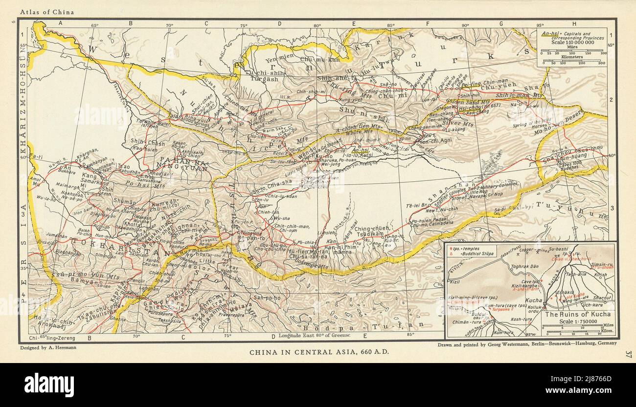 China in Central Asia, 660 AD. Ruins of Kucha. Subashi 1935 old vintage ...