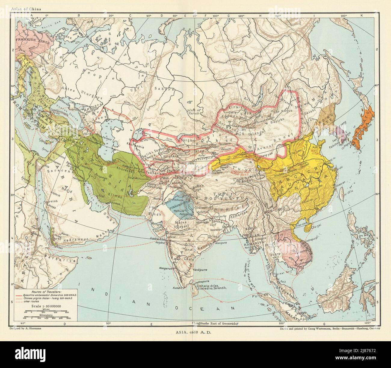 Asia 610 AD Persia Chenla Tzinitza Silla Yamato. Zemarchos Hsuan-tsang ...