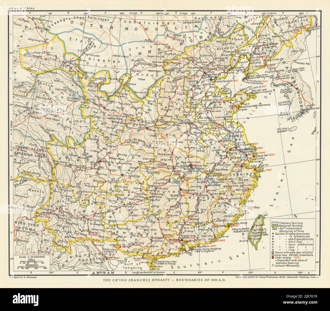 China. Qing (Manchu) Dynasty 1900 AD borders. Treaty Ports 1935 old map ...