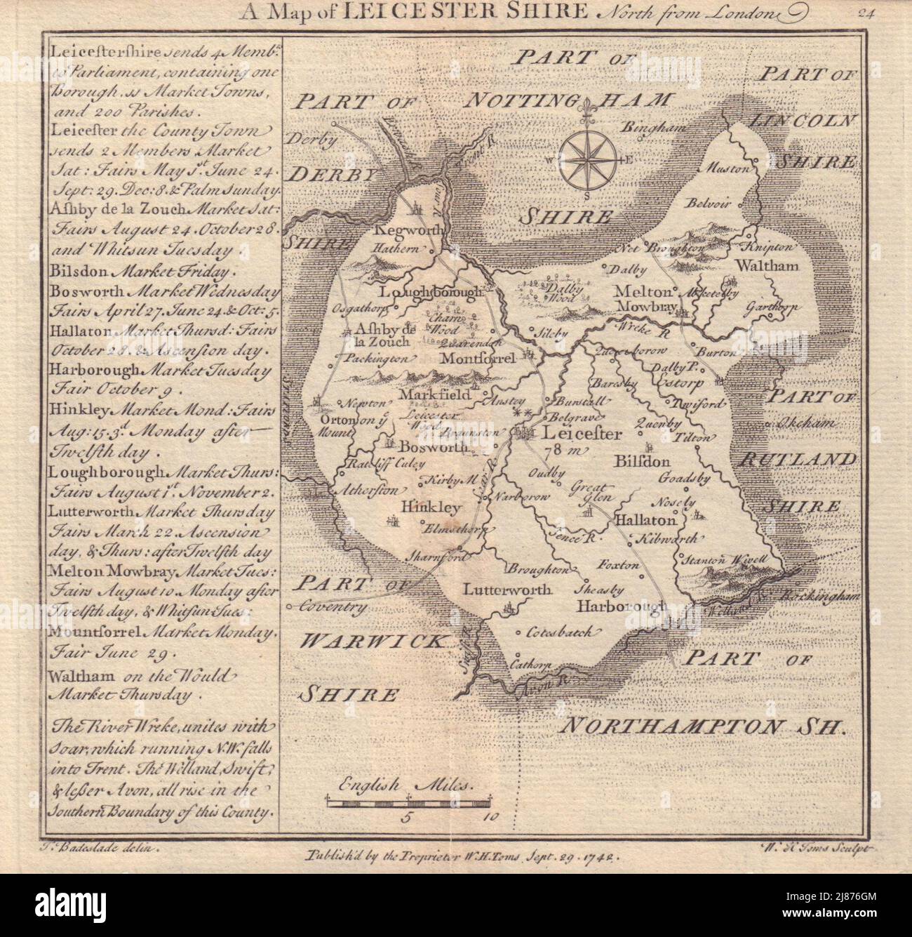 Antique county map of Leicestershire by Badeslade & Toms 1742 old Stock ...