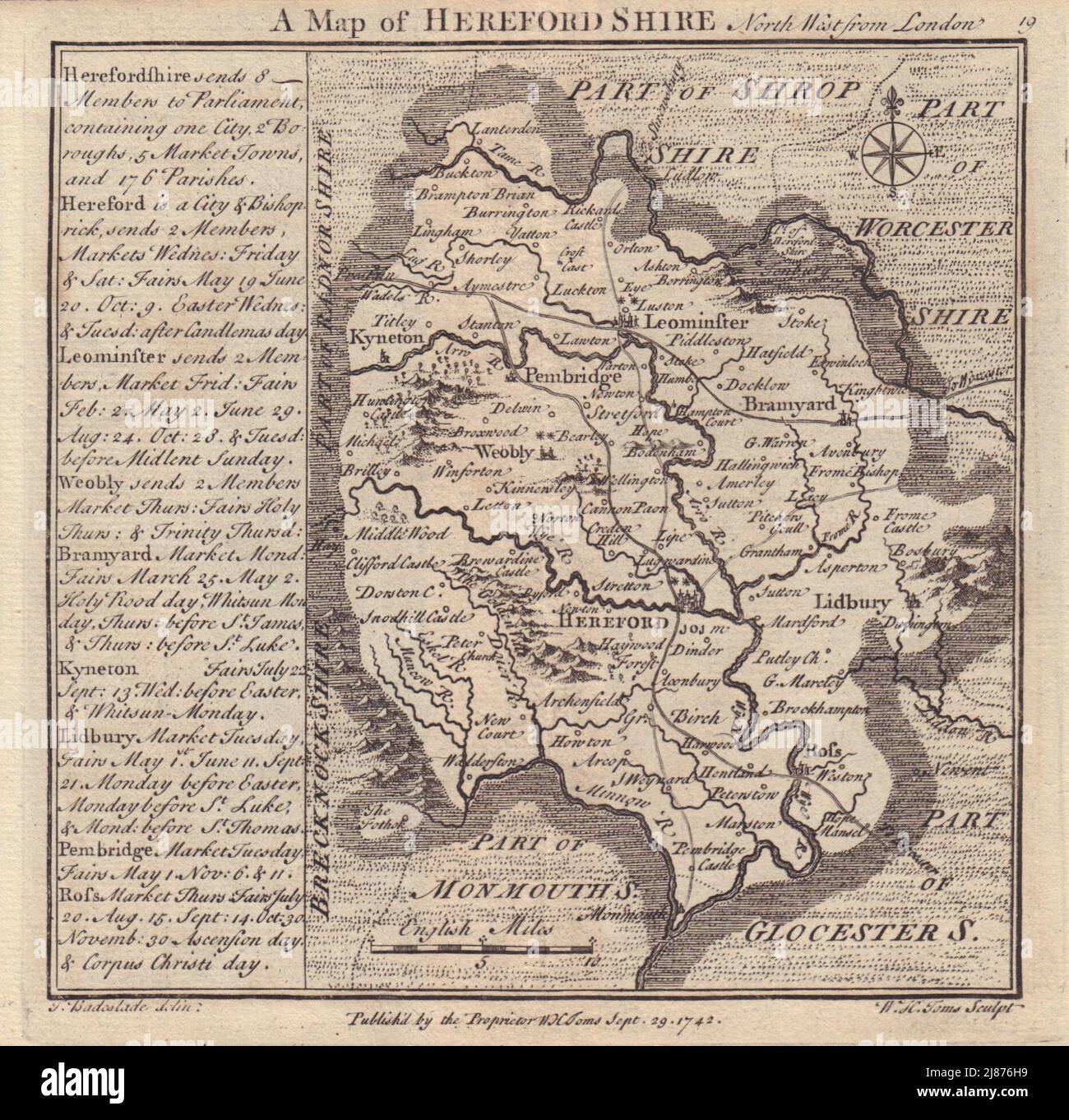 Antique county map of Herefordshire by Badeslade & Toms 1742 old Stock ...