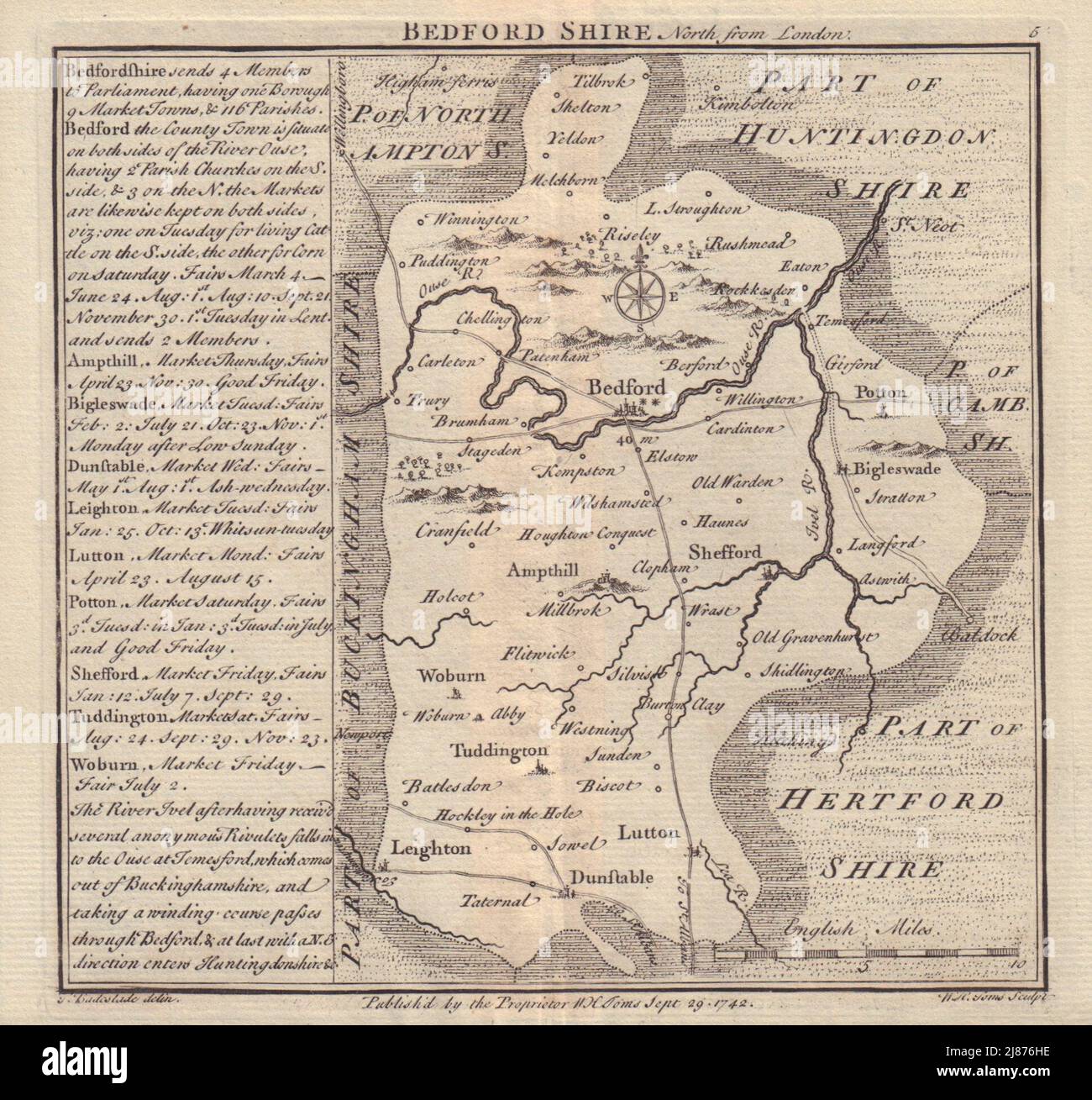 Antique county map of Bedfordshire by Badeslade & Toms 1742 old Stock ...
