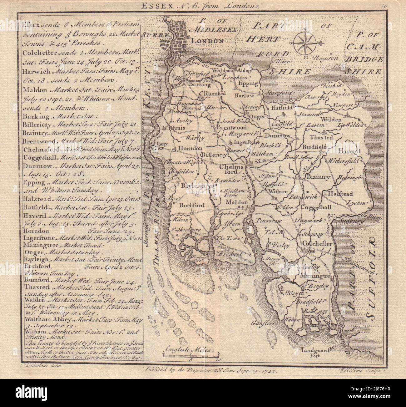 Antique county map of Essex by Badeslade & Toms. East orientation 1742 ...