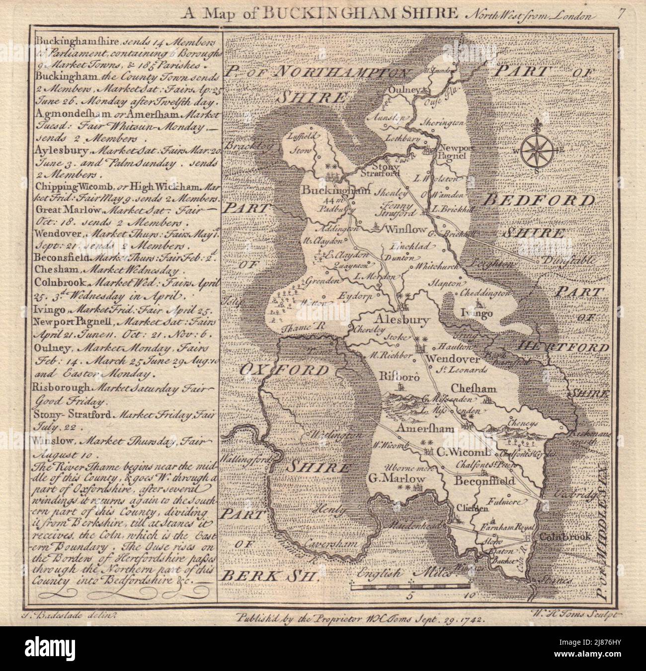 Antique county map of Buckinghamshire by Badeslade & Toms 1742 old ...