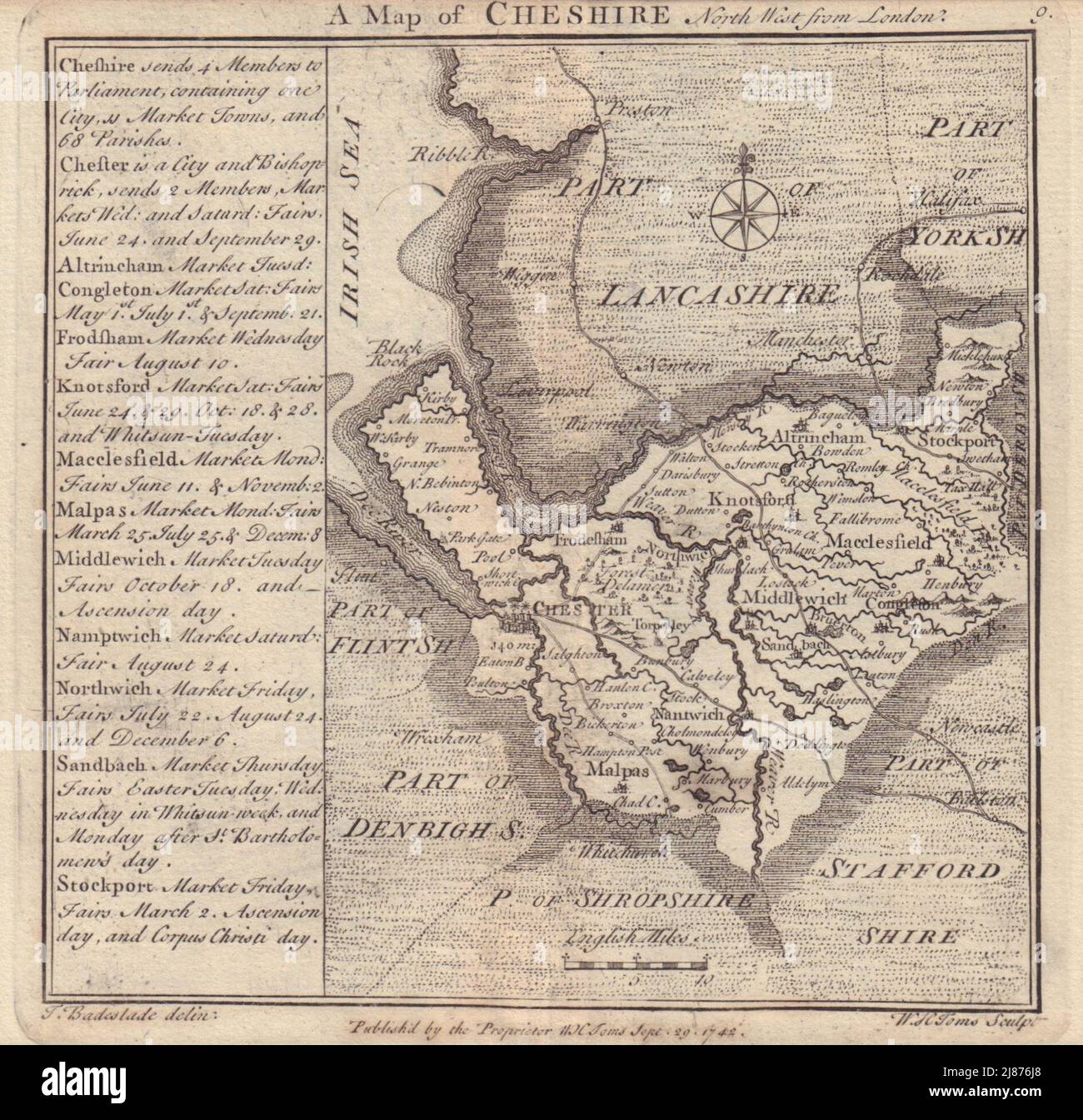 Antique county map of Cheshire by Badeslade & Toms 1742 old chart Stock ...