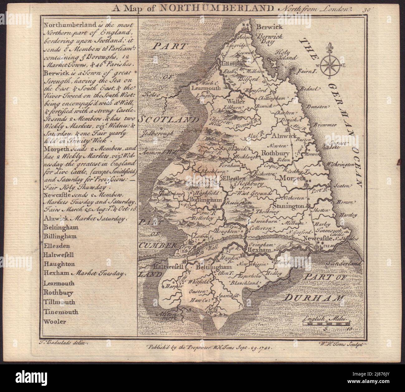 Antique county map of Northumberland by Badeslade & Toms 1742 old Stock ...
