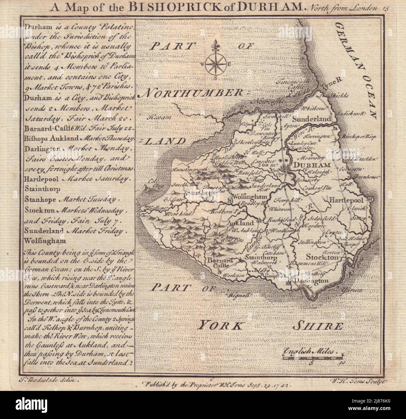Antique county map of the Bishoprick of Durham by Badeslade & Toms 1742 ...
