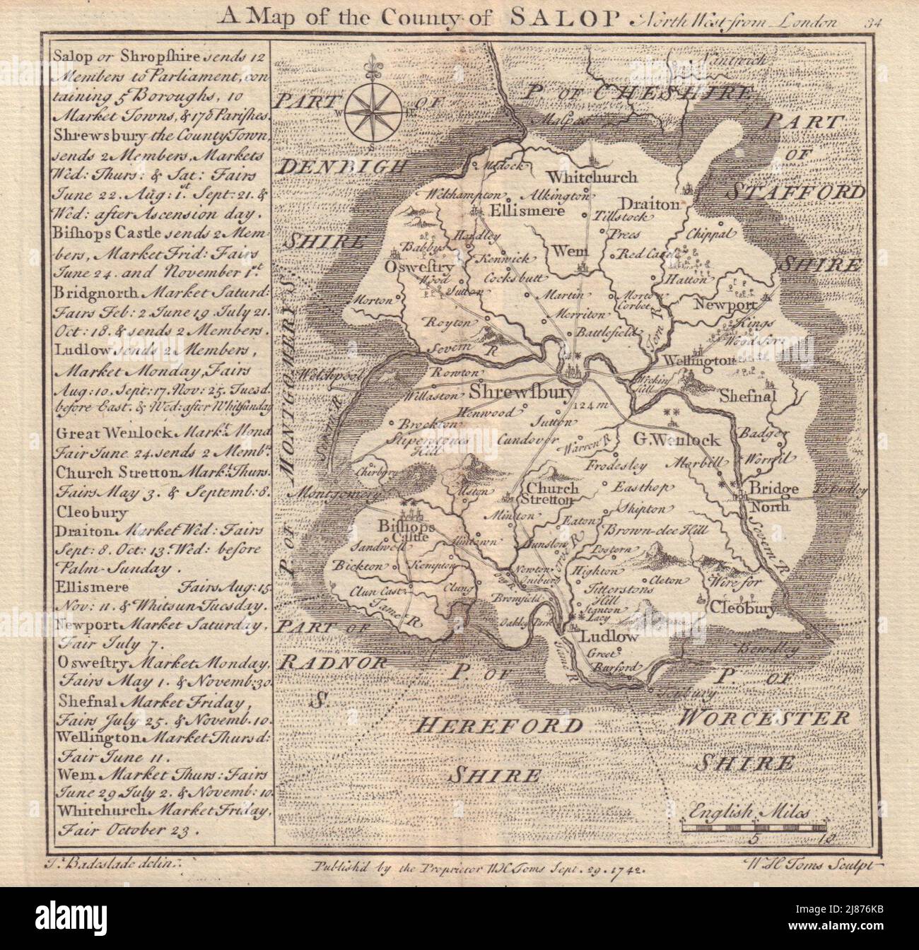 Antique county map of the county of Salop by Badeslade & Toms ...