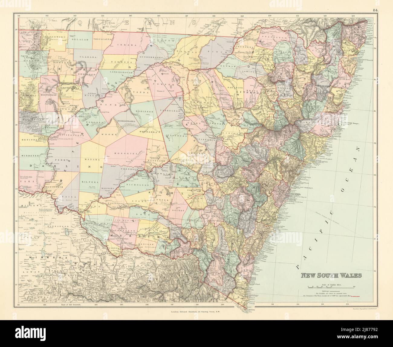 New South Wales showing counties & railways. 53x65cm. STANFORD 1887 old ...