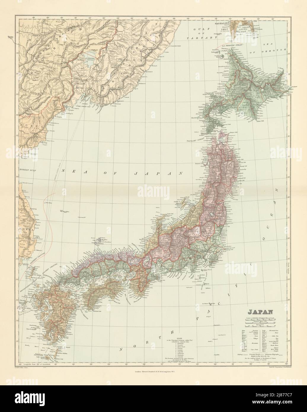 The Islands of Japan, in Provinces/prefectures. 65x52cm STANFORD 1904 ...