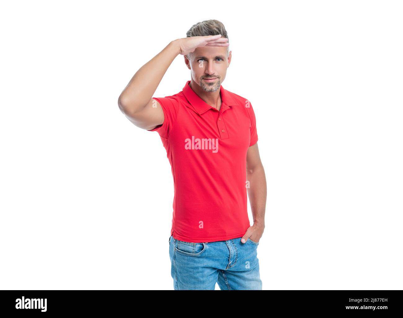 handsome man with grizzled hair in red shirt isolated on white ...