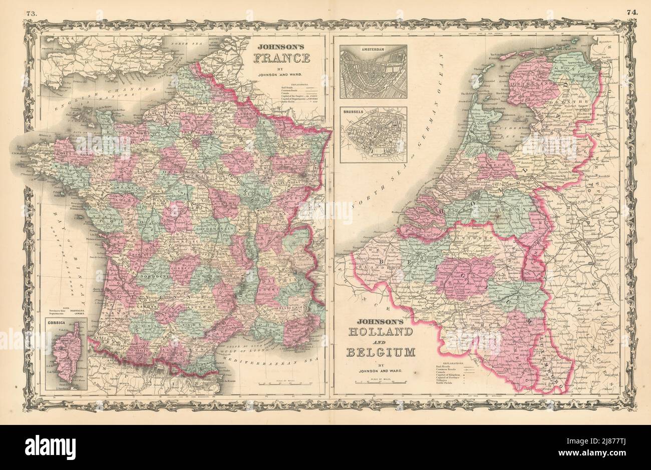 Johnson's France, Holland & Belgium. 2 maps on one sheet 1862 old ...