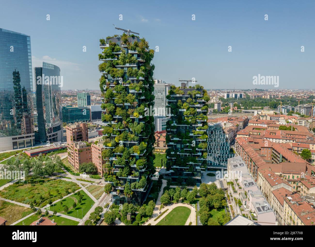 Aerial photo of Bosco Verticale, Vertical Forest, in Milan, Porta Nuova ...
