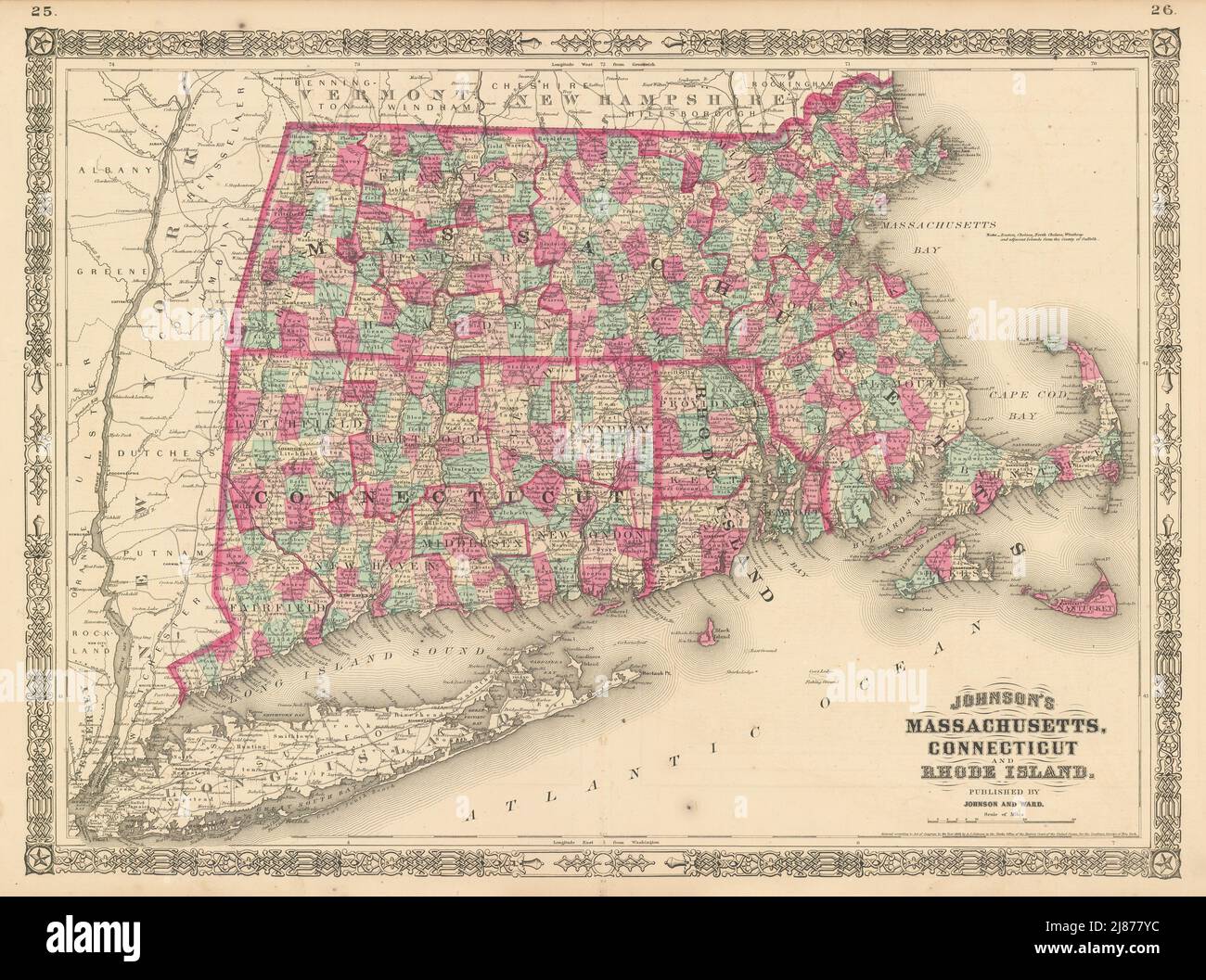 Johnson's Massachusetts, Connecticut & Rhode Island 1865 old antique ...
