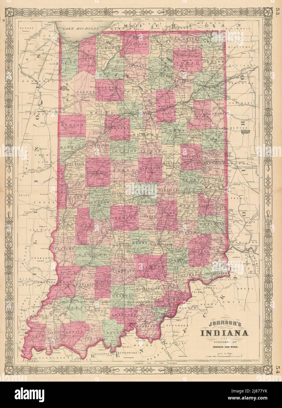 Johnson's Indiana. US state map showing counties 1865 old antique chart ...