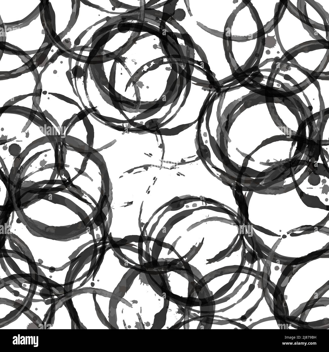 Lot of black round shaped ink stains on white, seamless pattern Stock ...