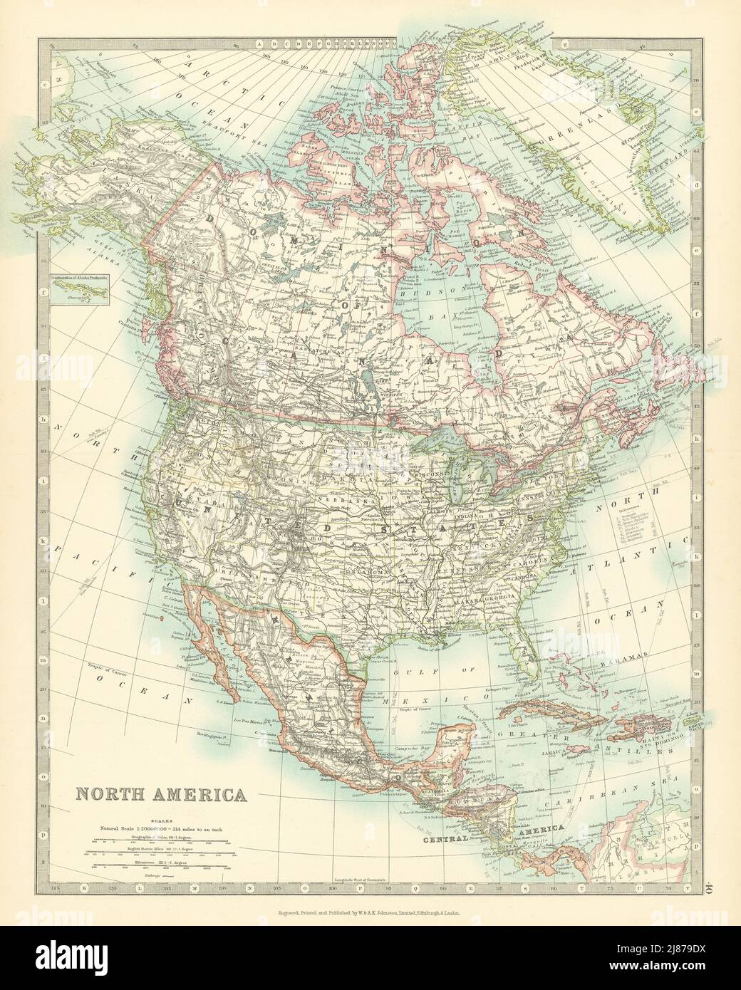 NORTH AMERICA. United States Canada Mexico. Railways. JOHNSTON 1911 old ...