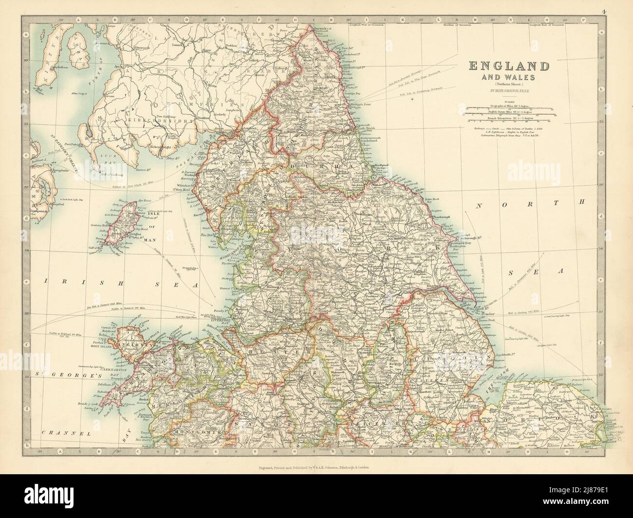 ENGLAND & WALES NORTH Showing railways canals lightships JOHNSTON 1897 ...