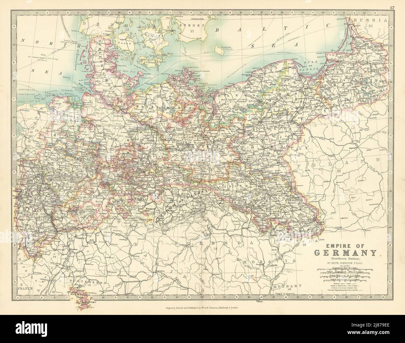 GERMAN EMPIRE NORTH Prussia Poland &c Railways Canals JOHNSTON 1897 old ...