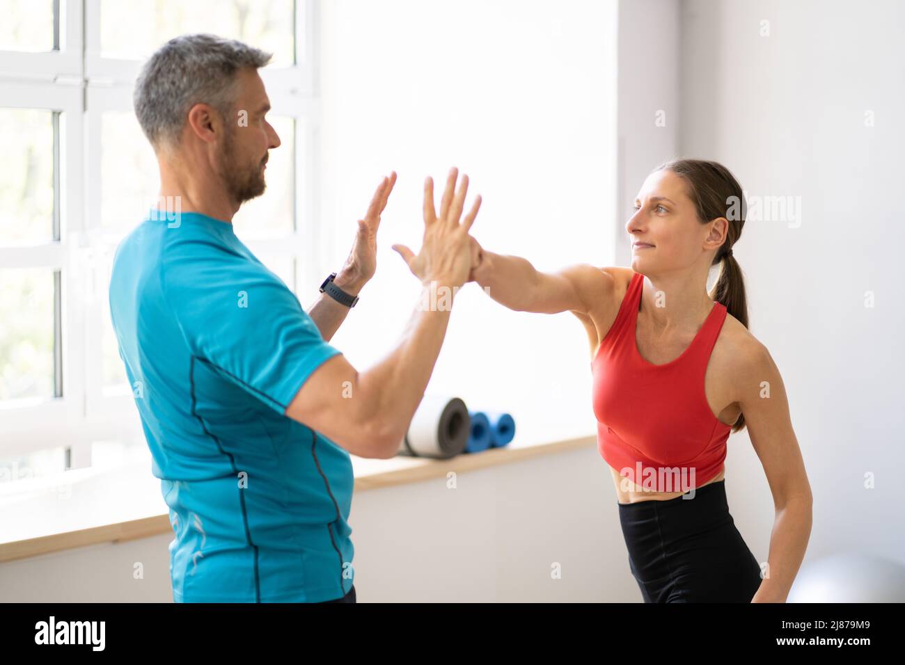 Fight Sparring Fitness Training In Gym. Female Power And Self Defense ...